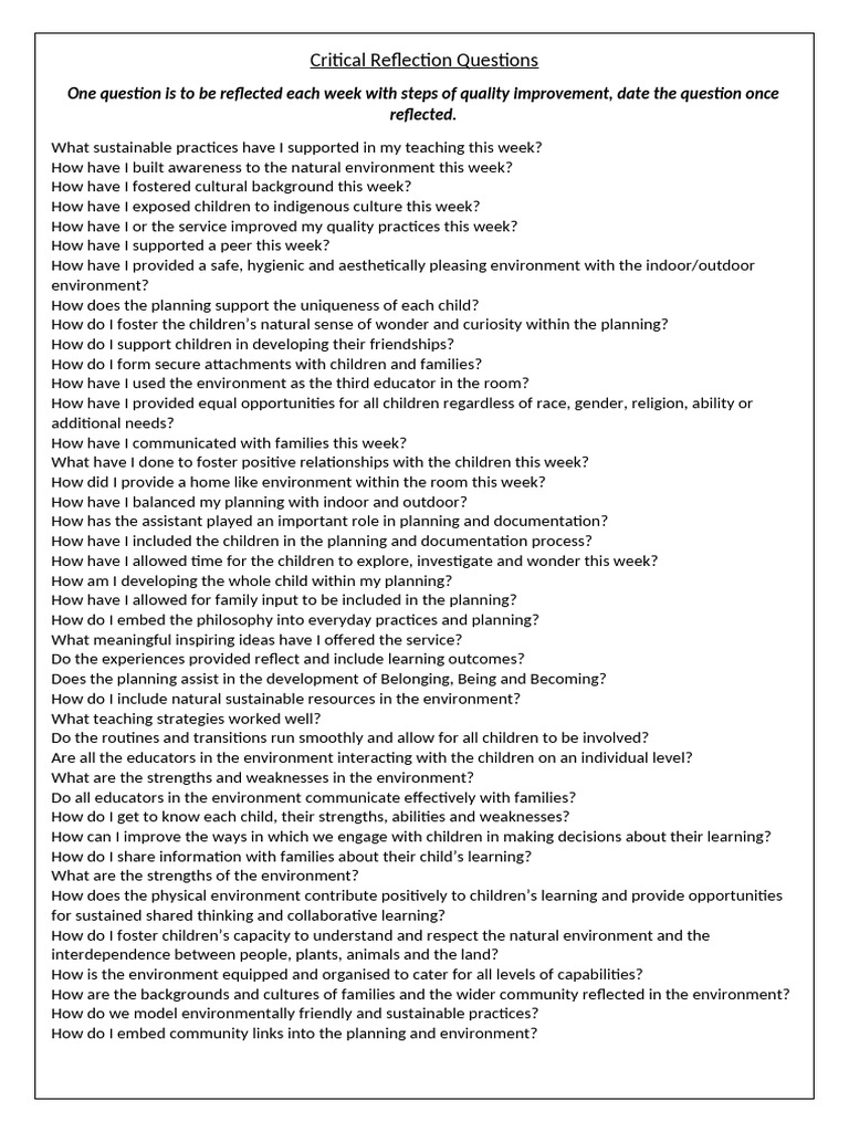 Critical Reflection Questions Childcare | PDF | Learning | Social ...
