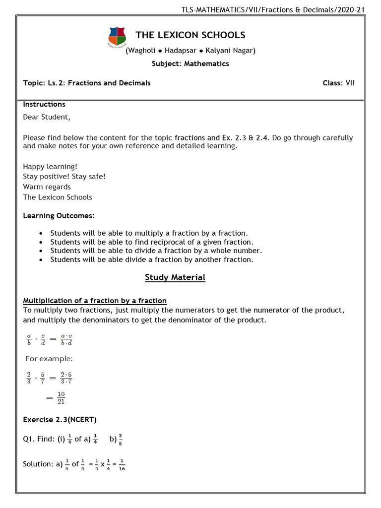 Class 7 Maths: Fractions & Decimals Guide | PDF | Division (Mathematics ...