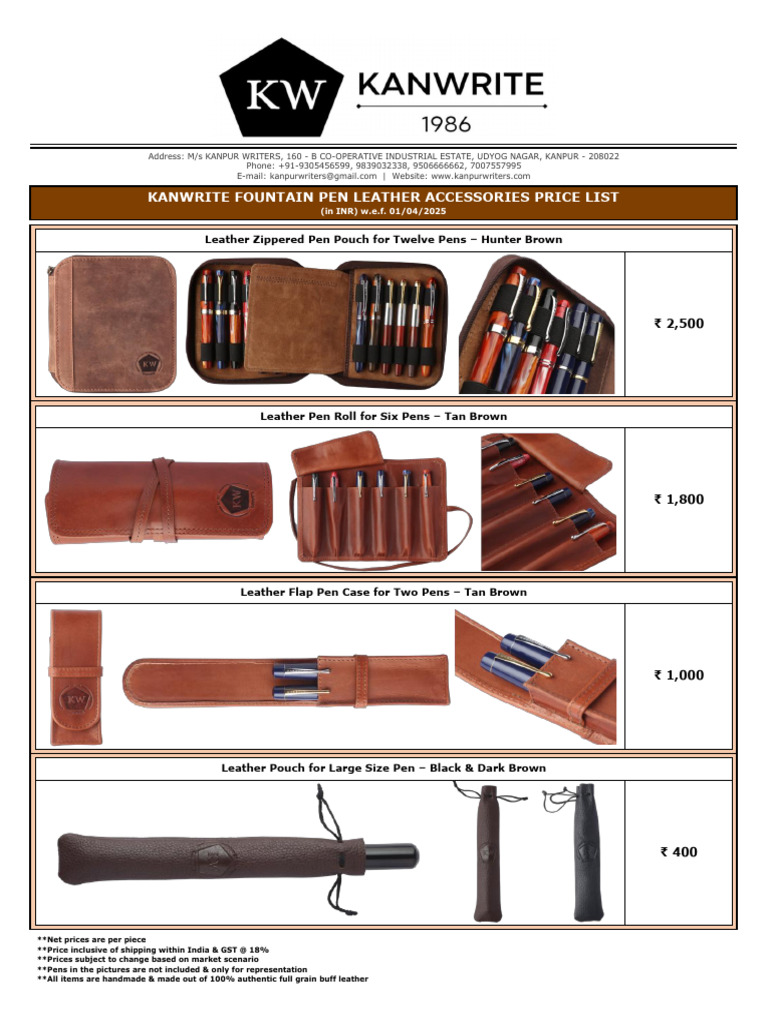 KW Leather Accessories (INR) Retail Price List W.E.F. 1st Apr'25 | PDF