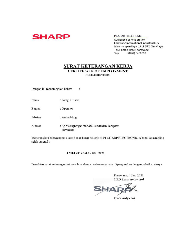 Paklaring Sharp 44062021 | PDF