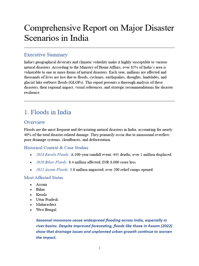 Comprehensive Report On Major Disaster Scenarios in India | PDF | Flood ...
