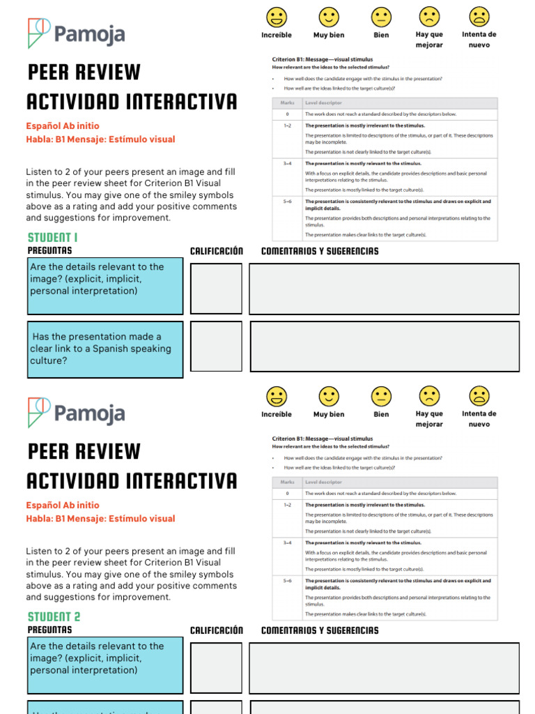 Spanish Ab Initio B1 Peer Review Worksheet | PDF