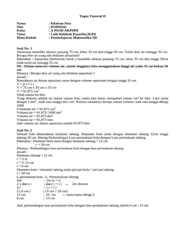 Tugas Tutorial 2 Pembelajaran Matematika SD Tuton | PDF