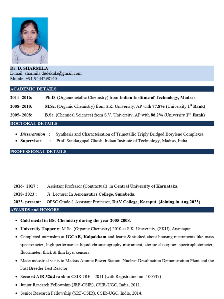 D Sharmila CV | PDF | Chemical Reactions | Spectroscopy
