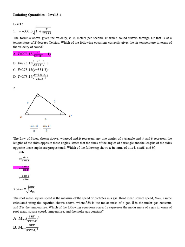 22. Isolating Quantities - level 3-4 | PDF | Gases | Root Mean Square