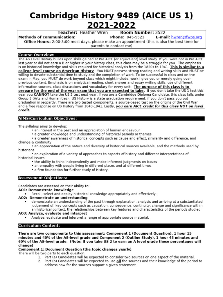 AICE US History 9489 Syllabus Overview | PDF | Knowledge | Causality