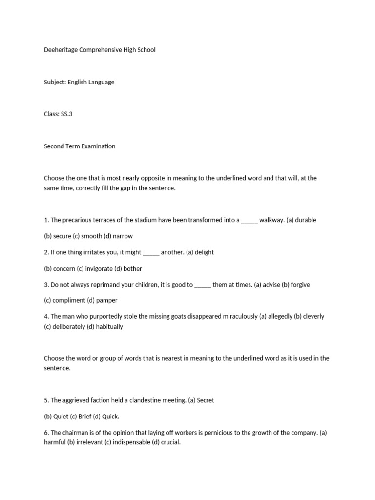 English Language SS.3 Second Term | PDF | Stress (Linguistics)