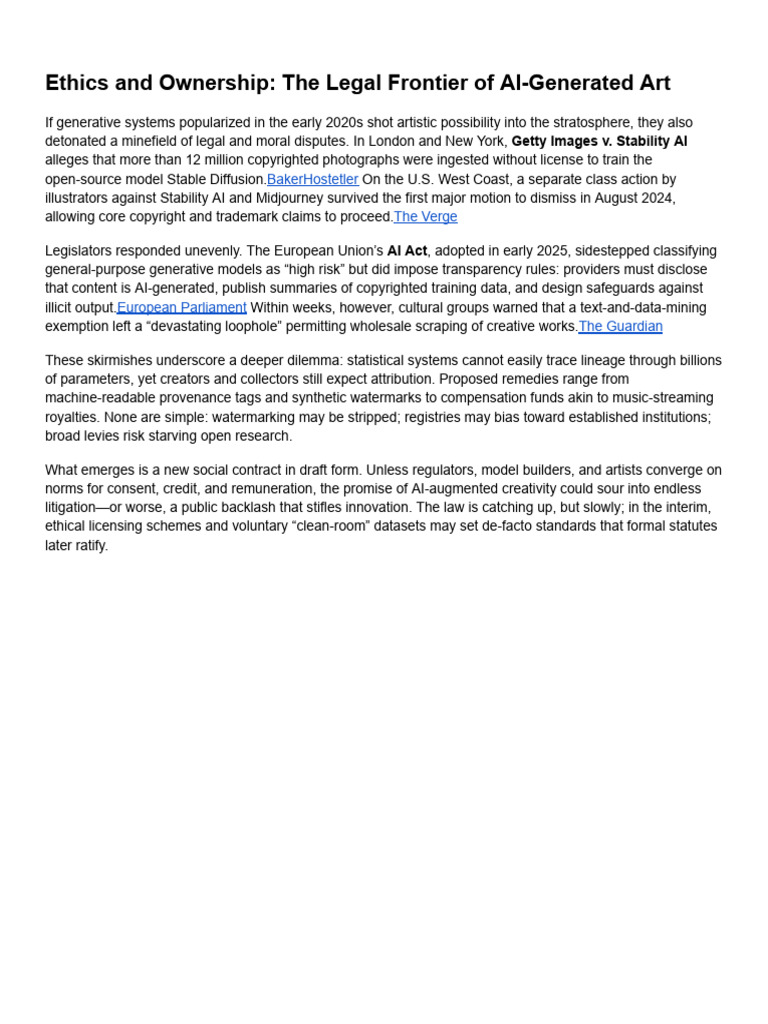 Essay - Ethics and Ownership - The Legal Frontier of AI-Generated Art | PDF