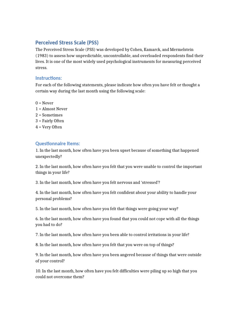 Perceived Stress Scale PSS | PDF