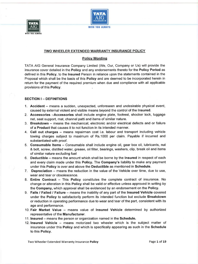 Two Wheeler Extended Warranty Policy | PDF | Insurance | Deductible