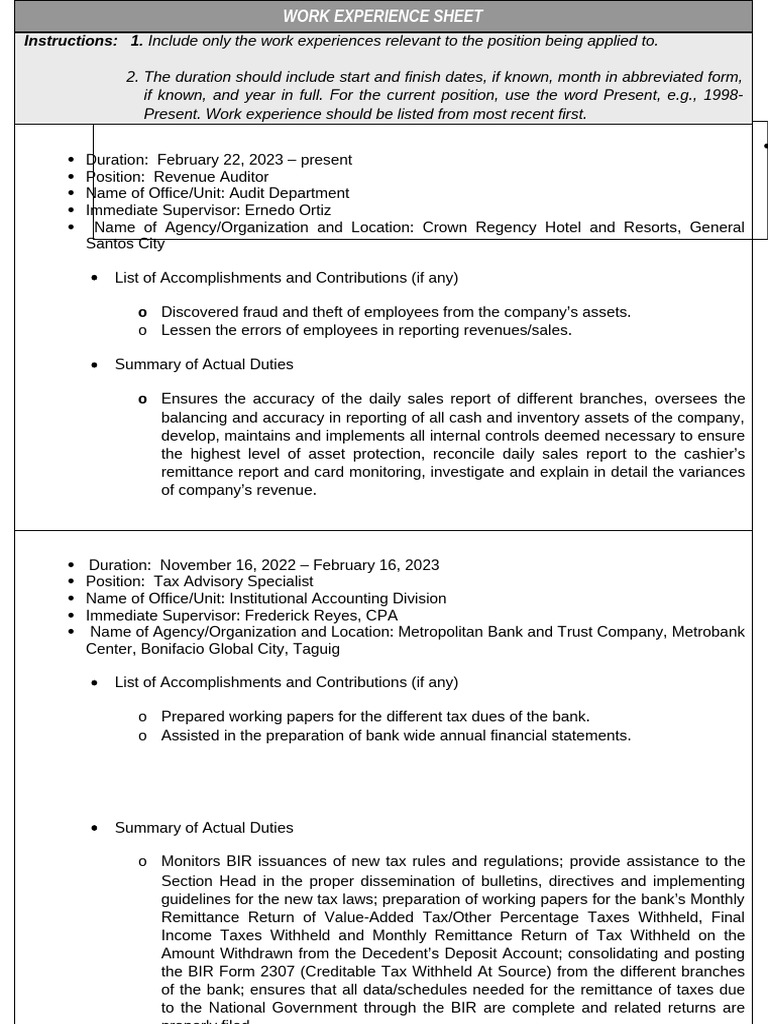 CS Form No. 212 Attachment - Work Experience Sheet | PDF | Taxes | Banks