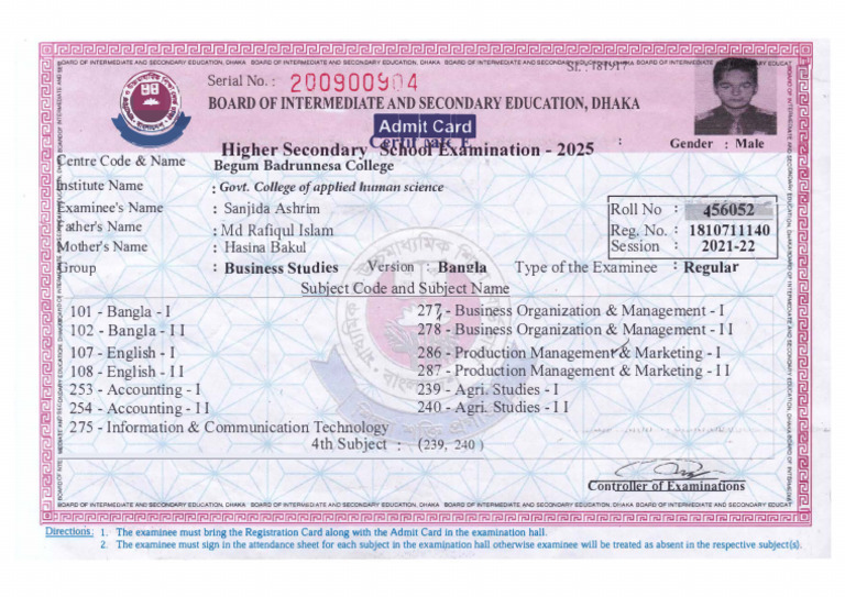 HSC Admit Card | PDF | Bangladesh