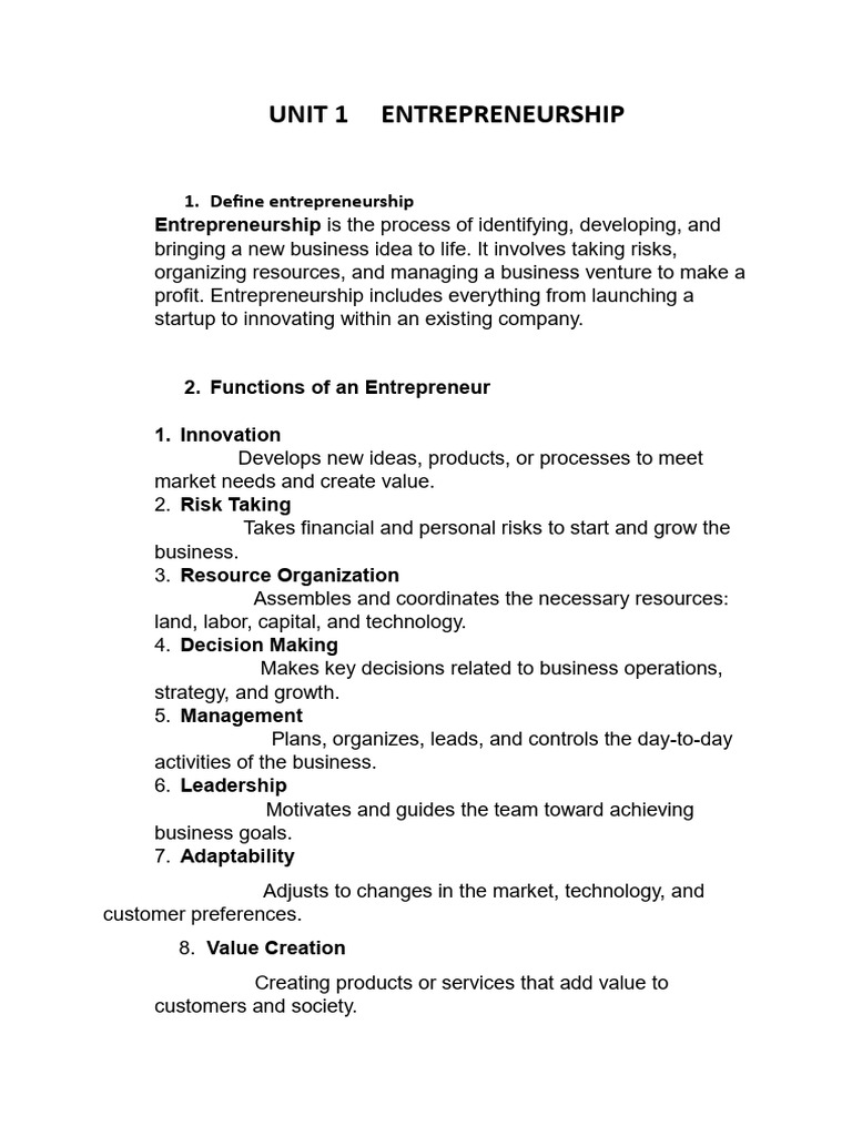 Unit 1 Entrepreneurship (2) | PDF | Entrepreneurship | Innovation
