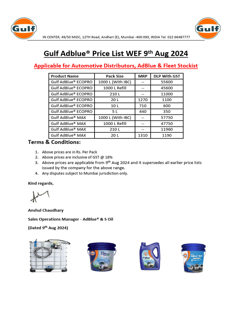 Gulf Adblue Price List WEF 9th Aug 2024 | PDF