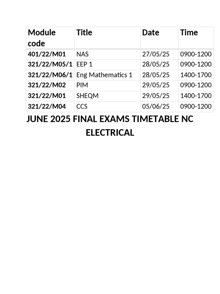 NC Electrical June 2025 Exams Timetable | PDF