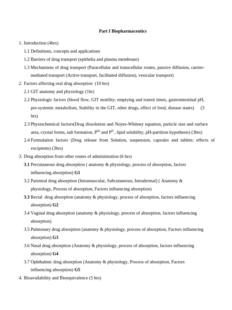 Part I Biopharmaceutics Course Outline | PDF | Pharmacokinetics ...