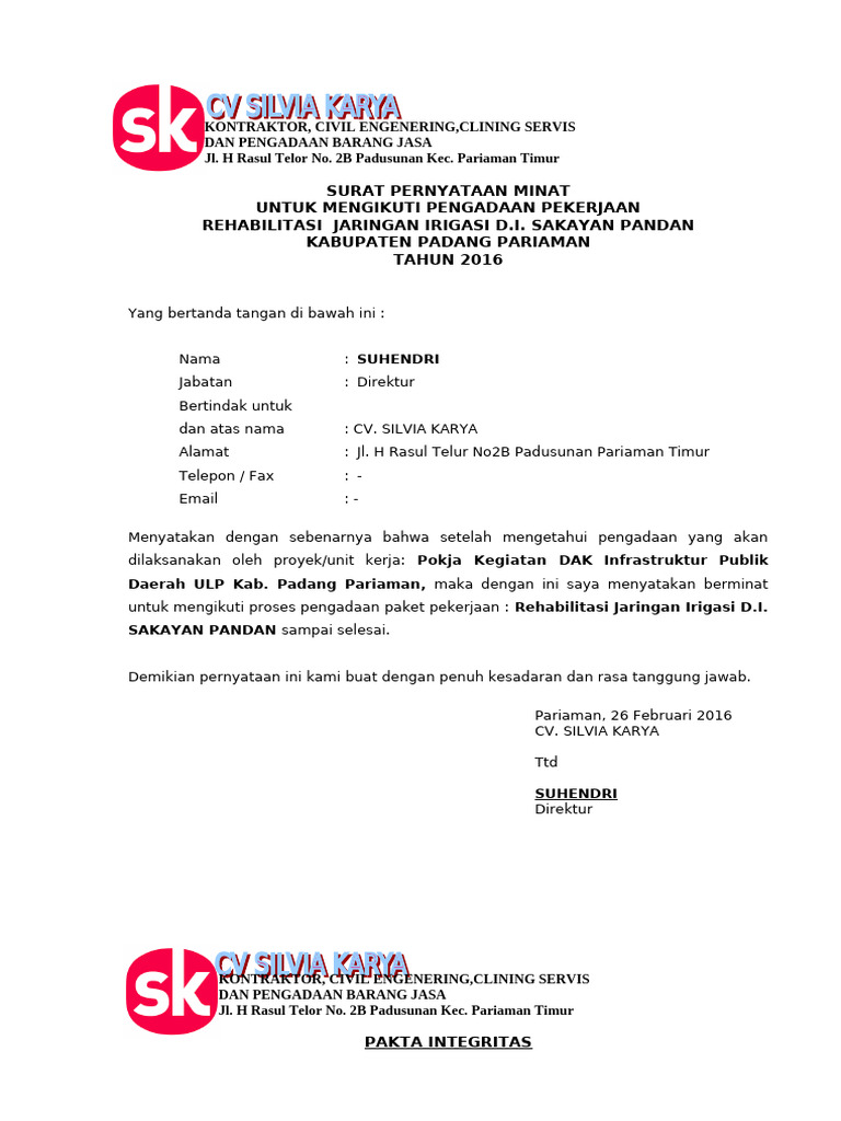 Minat Pengadaan Irigasi Sakayan 2016 | PDF