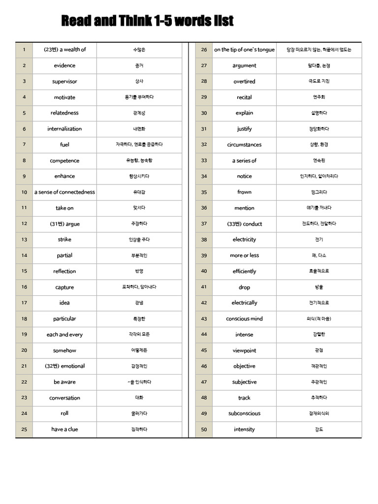 Read and Think 1-5 Words List | PDF