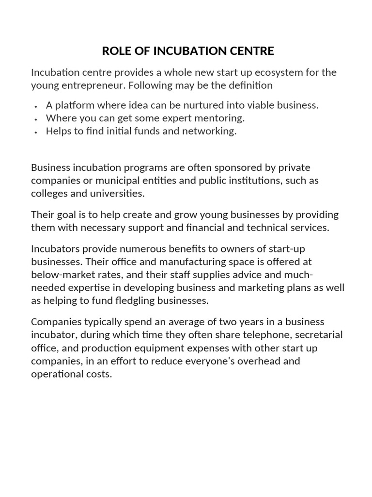 Role of Incubation Centre | PDF