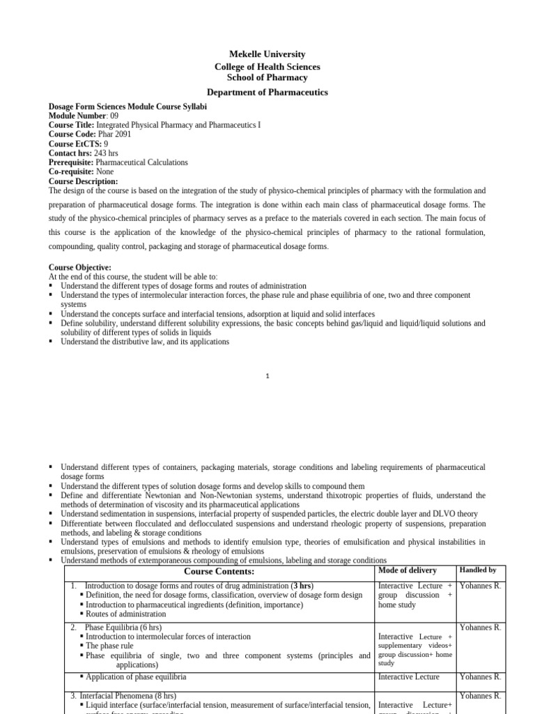Dosage Form Sciences Module Course Syllabi - Copy (2) | PDF | Emulsion ...