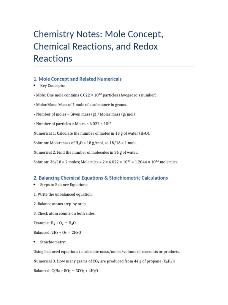 Chemistry Notes Mole Stoichiometry Redox | PDF