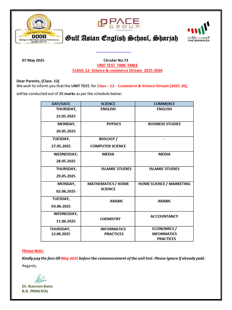 UNIT TEST TIME-TABLE Class-12 Circular 73 | PDF