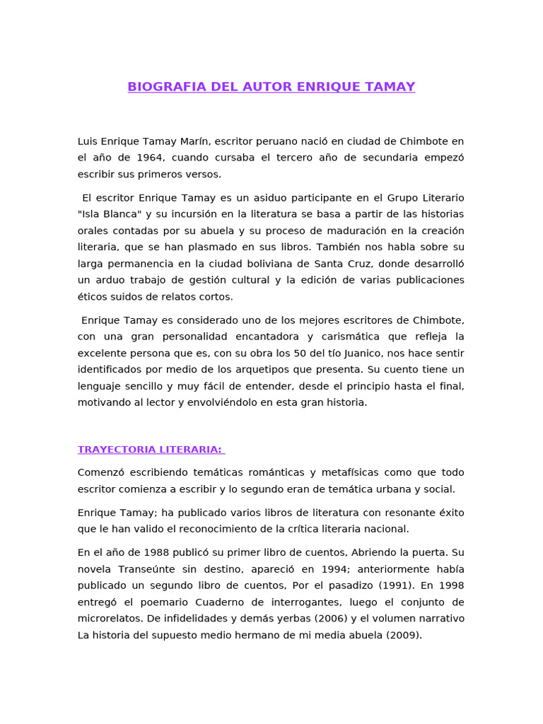 BIOGRAFIA DEL AUTOR ENRIQUE TAMAy 1 | PDF | Perú | Cuentos