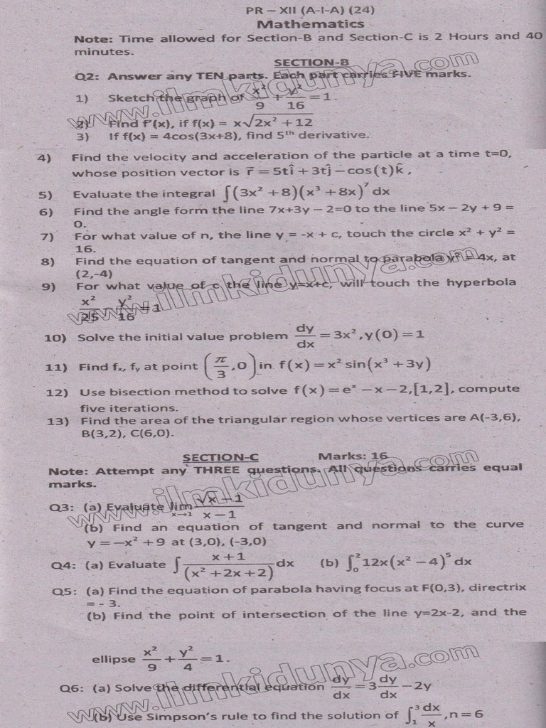 Past Paper 2024 12th Class Peshawar Board Mathematics English Medium ...