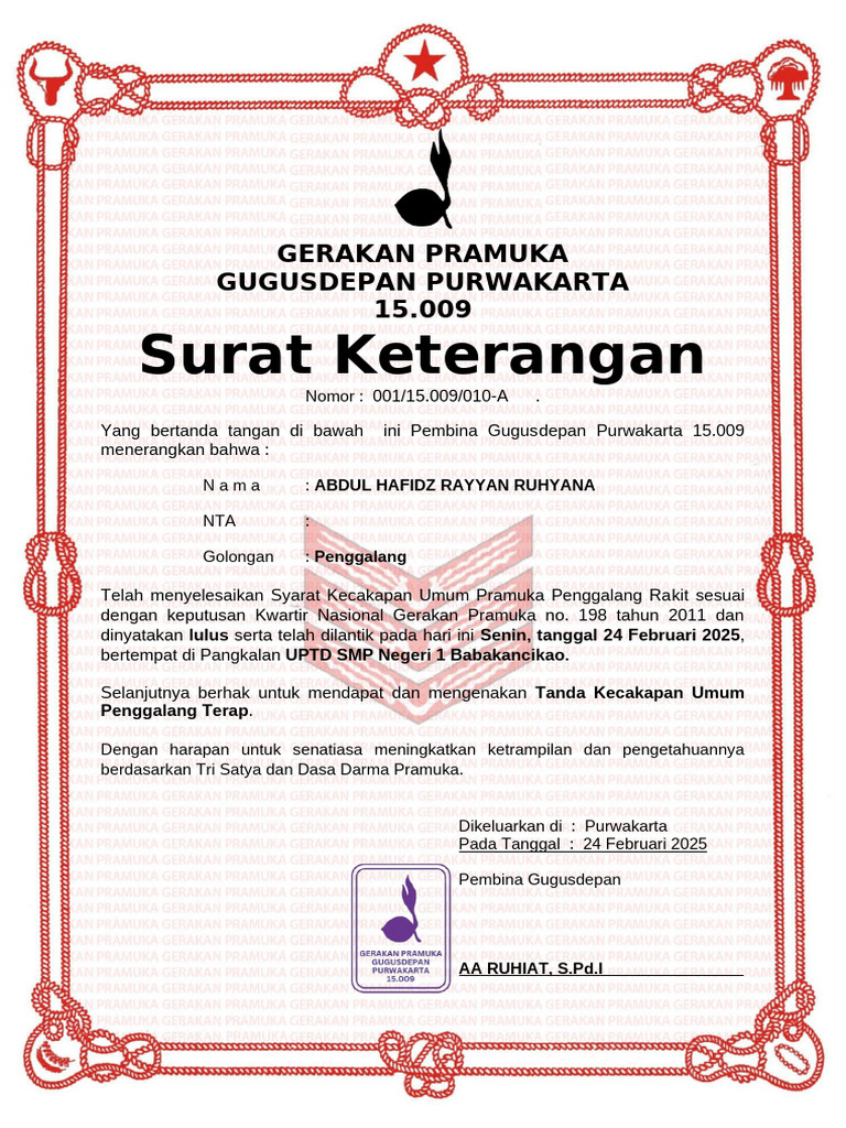 Piagam SKU Penggalang Terap - Putra | PDF