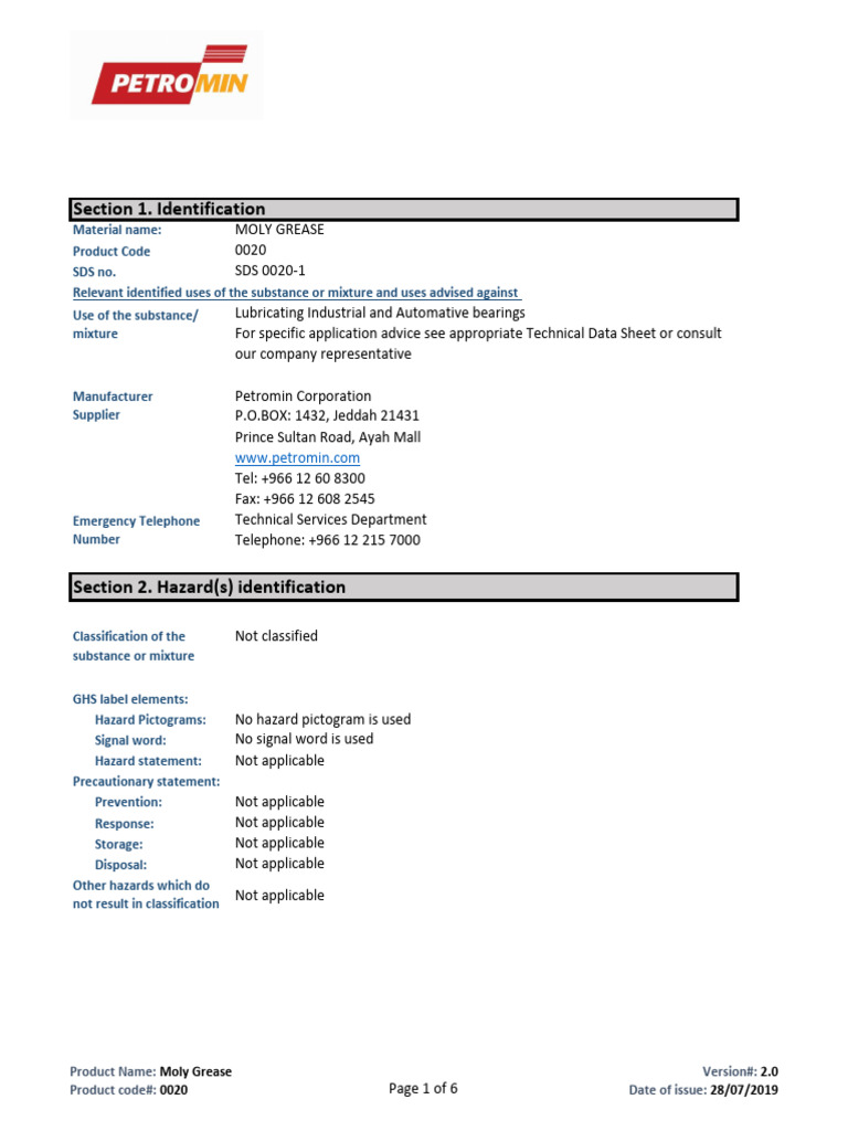 Moly Grease Safety Data Sheet | PDF | Occupational Safety And Health ...