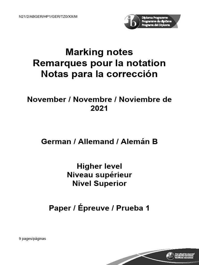 German B Paper 1 HL Markscheme | PDF | Linguistics | Communication