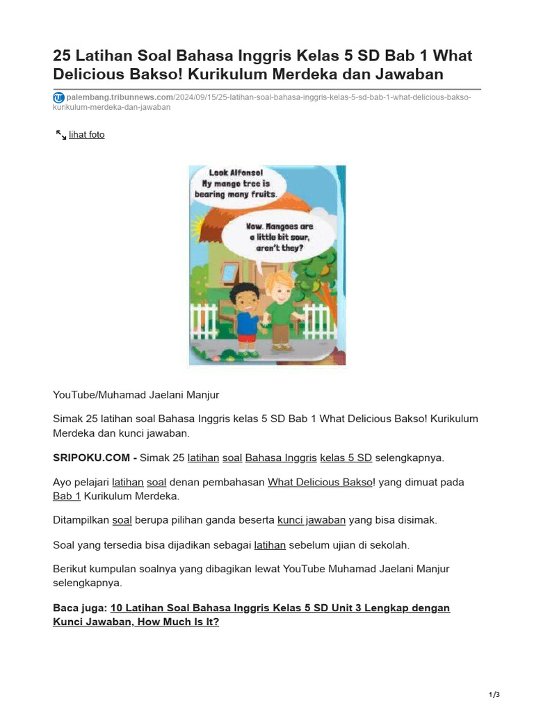 25 Latihan Soal Bahasa Inggris Kelas 5 SD Bab 1 What Delicious Bakso Kurikulum Merdeka Dan ...