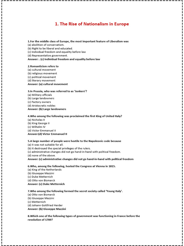 European Liberalism and Nationalism Quiz | PDF | Kingdom Of Prussia ...