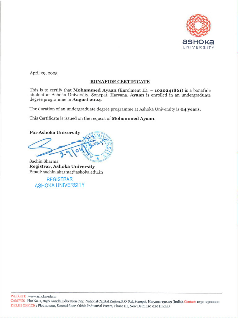 29-04-25 Mohammed Ayaan Bonafide Certificate | PDF