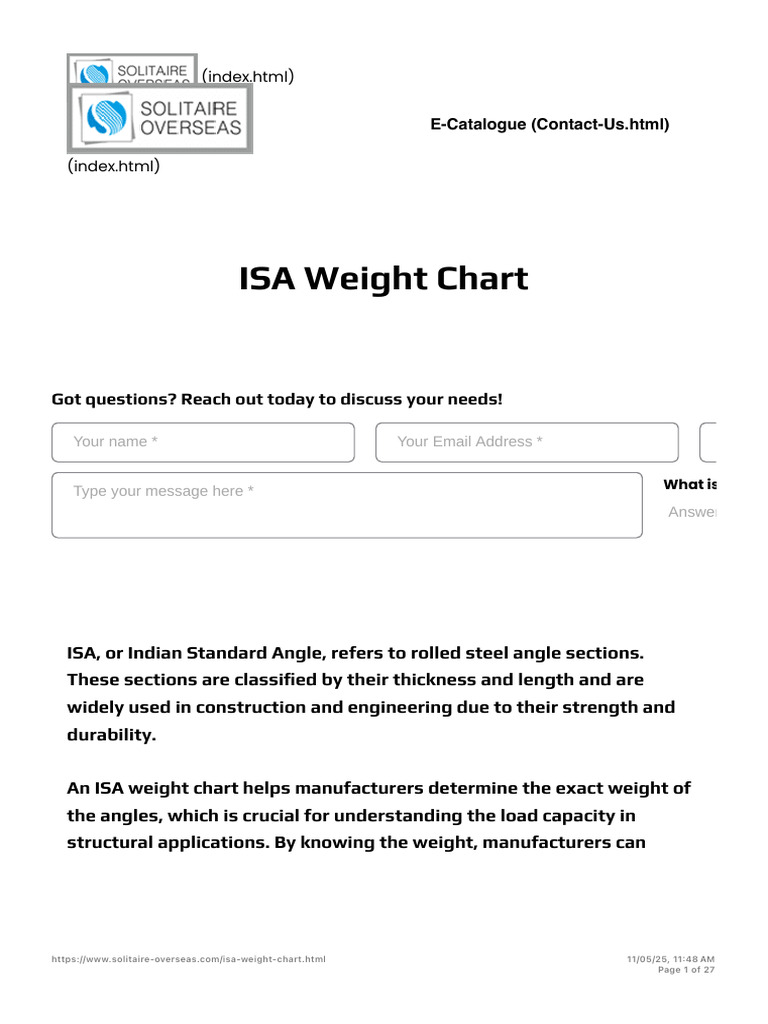ISA Weight Chart - Weight Per Metre Structurals | PDF | Building ...