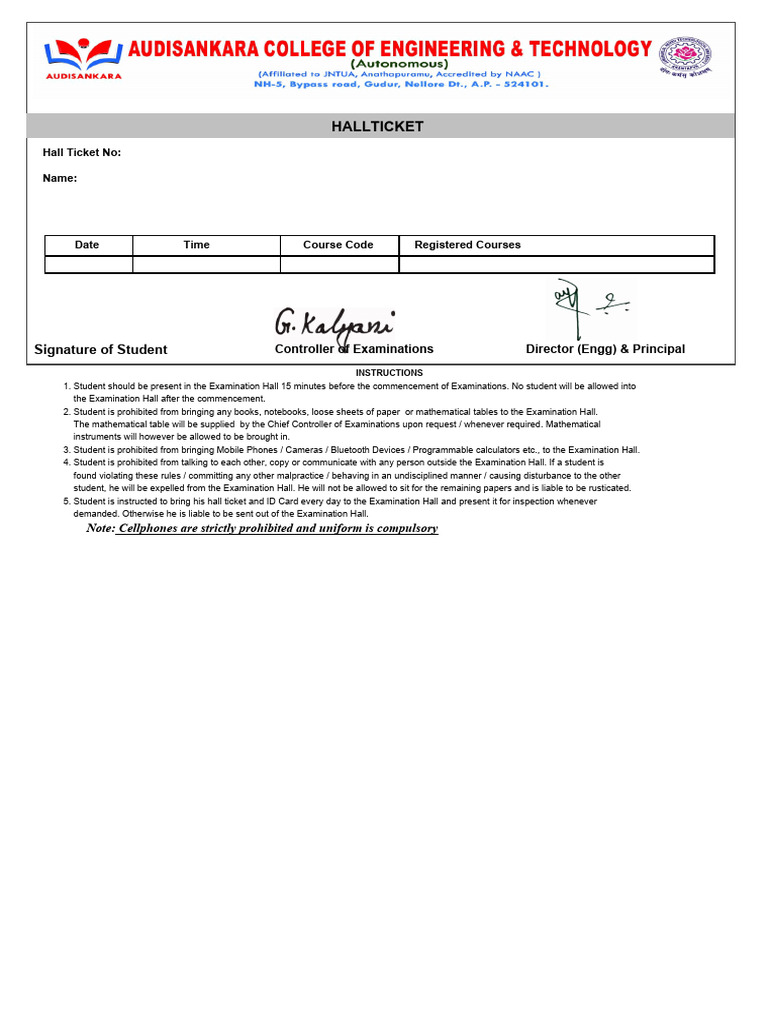 Examination Hall Ticket Instructions | PDF