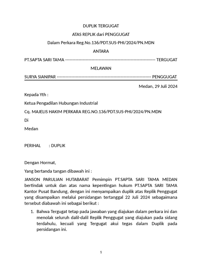DUPLIK TERGUGAT | PDF