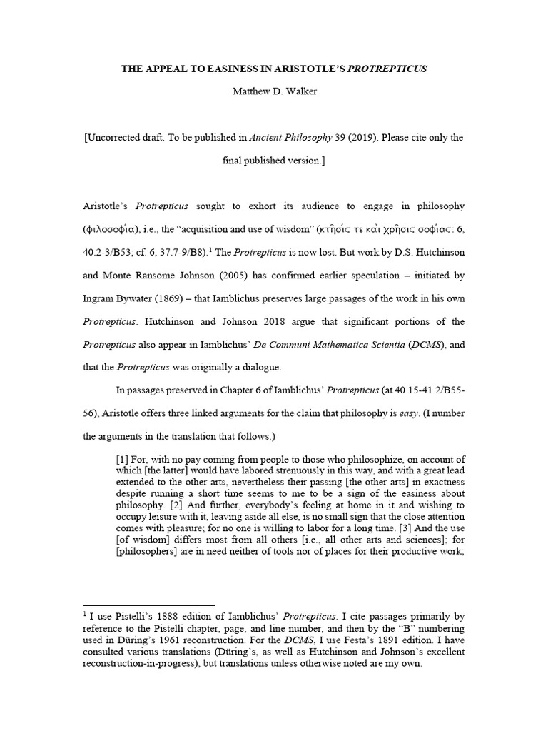The Appeal To Easiness in Aristotle's Protrepticus Matthew D. Walker ...