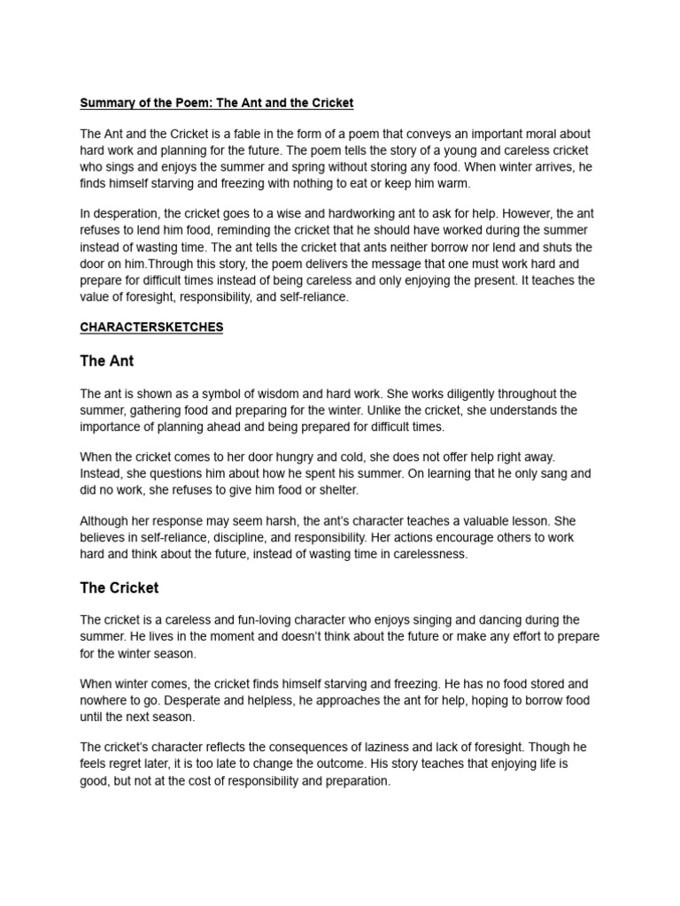 The Ant: Summary of The Poem: The Ant and The Cricket | PDF