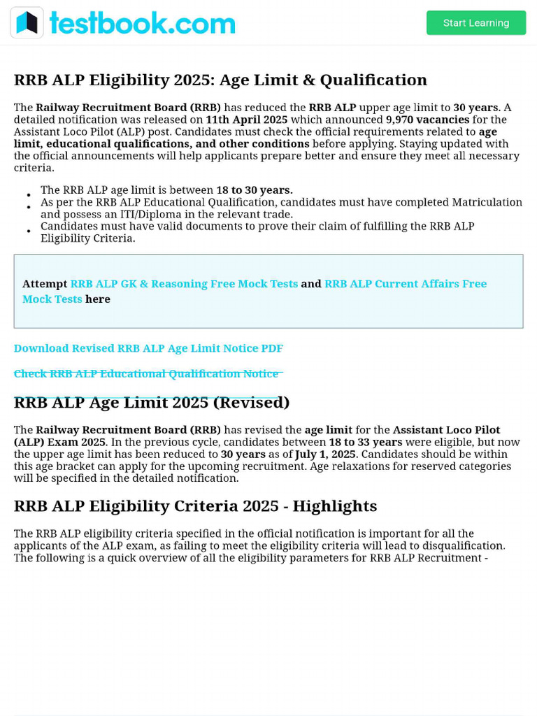 RRB ALP Eligibility 2025 - Age Limit & Qualification | PDF