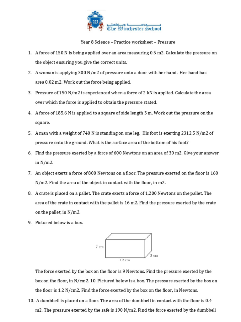 Year 8 Pressure Practice Worksheet | PDF