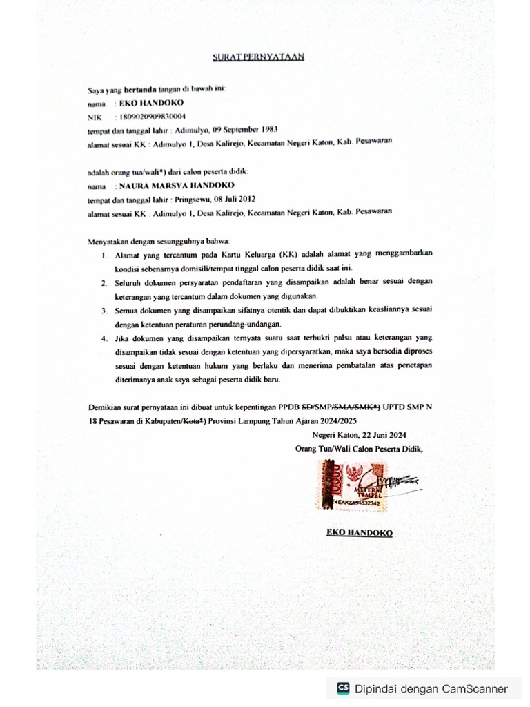 Surat Pernyataan Naura Marsya Handoko | PDF