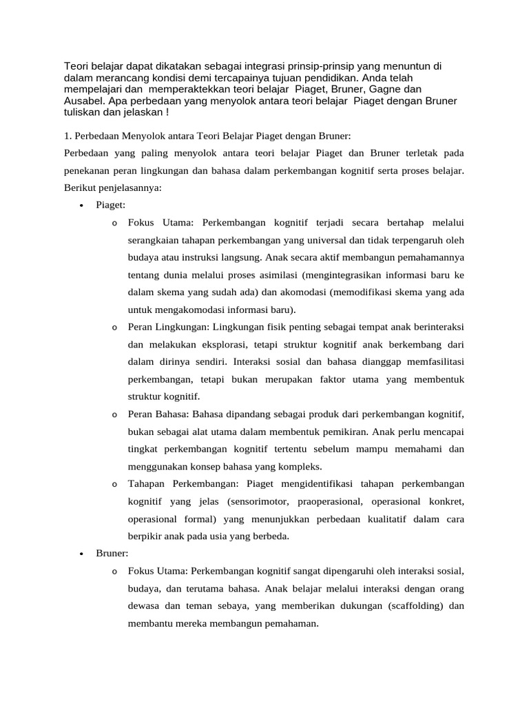 Perbandingan Teori Belajar Piaget dan Bruner | PDF