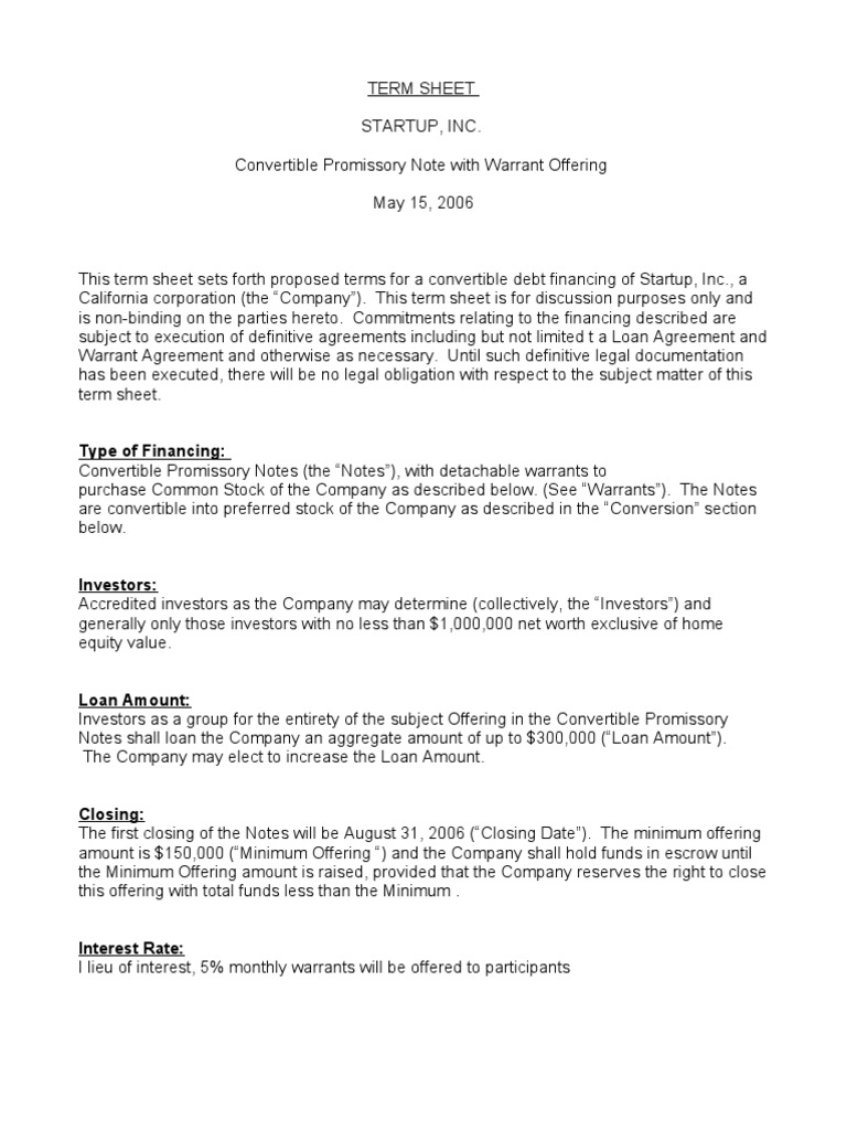 Sample Warrant Convertible Note Terms | Warrant (Finance) | Convertible ...