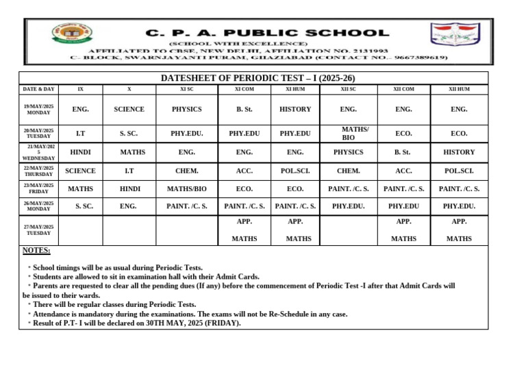 Ix-Xii Datesheet of Periodic Test-I (2025-26) PDF | PDF