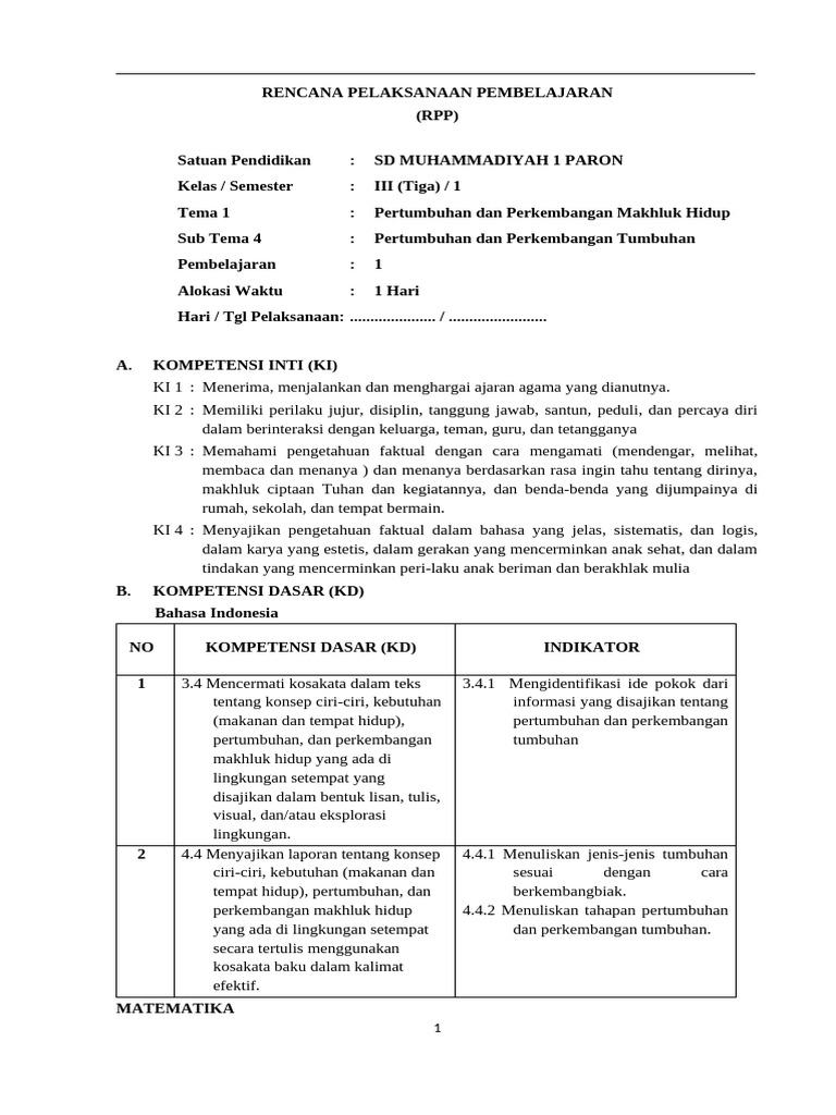 RPP K3 TEMA 1 ST 4 REV. 2018 Literasi | PDF