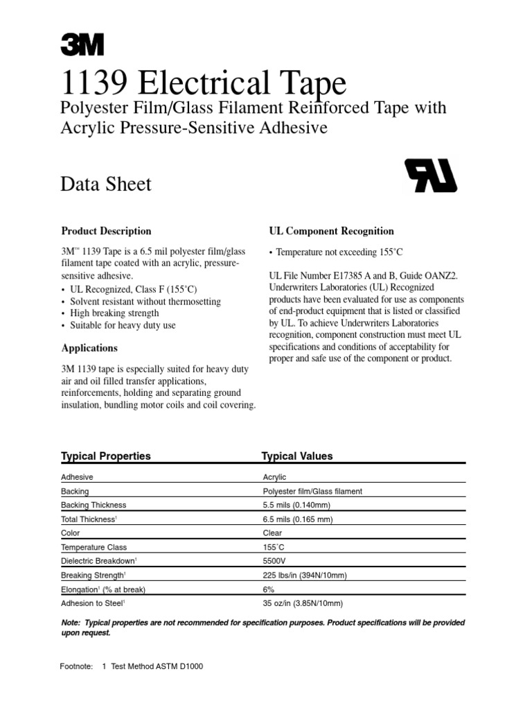 1139 Electrical Tape Polyester Film Glass Filament Data Sheet 78 8125 ...
