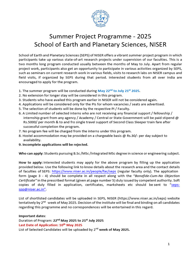 NISER SEPS Summer Internship 2025 | PDF | Thesis