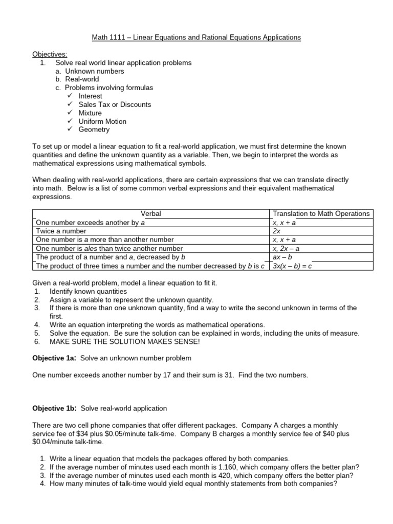 Linear and Rational Equations Applications (Optional Topic) | PDF | Equations | Mathematics