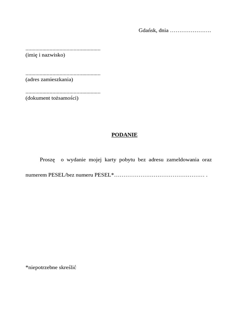 Wniosek o Wydanie Karty Bez Adresu | PDF